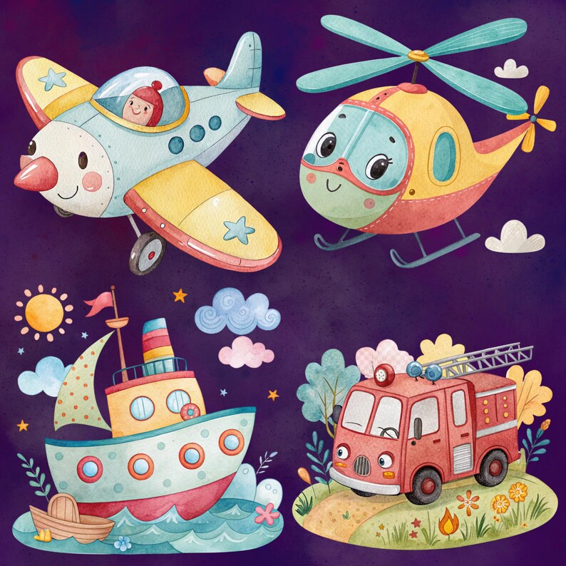 25 Watercolor Vehicle Clipart, Cute Vehicle Clipart, Transport Clipart ...