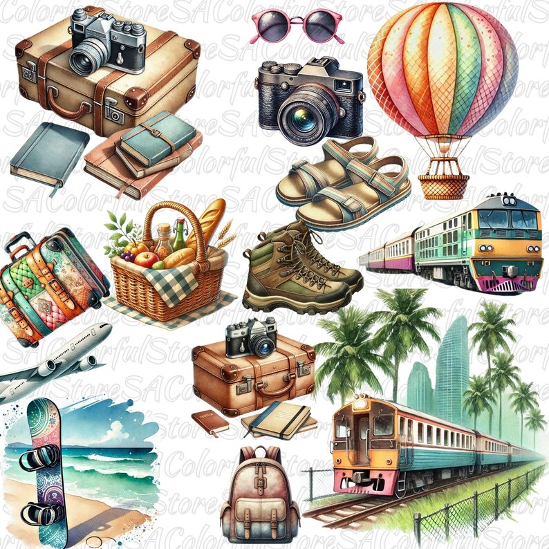 Watercolor Travel Clipart: Vacation Graphics, Landmarks, Luggage (PNG ...