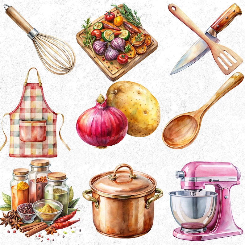 Watercolor Cooking Clipart Bundle: Kitchen Food Graphics (digital ...