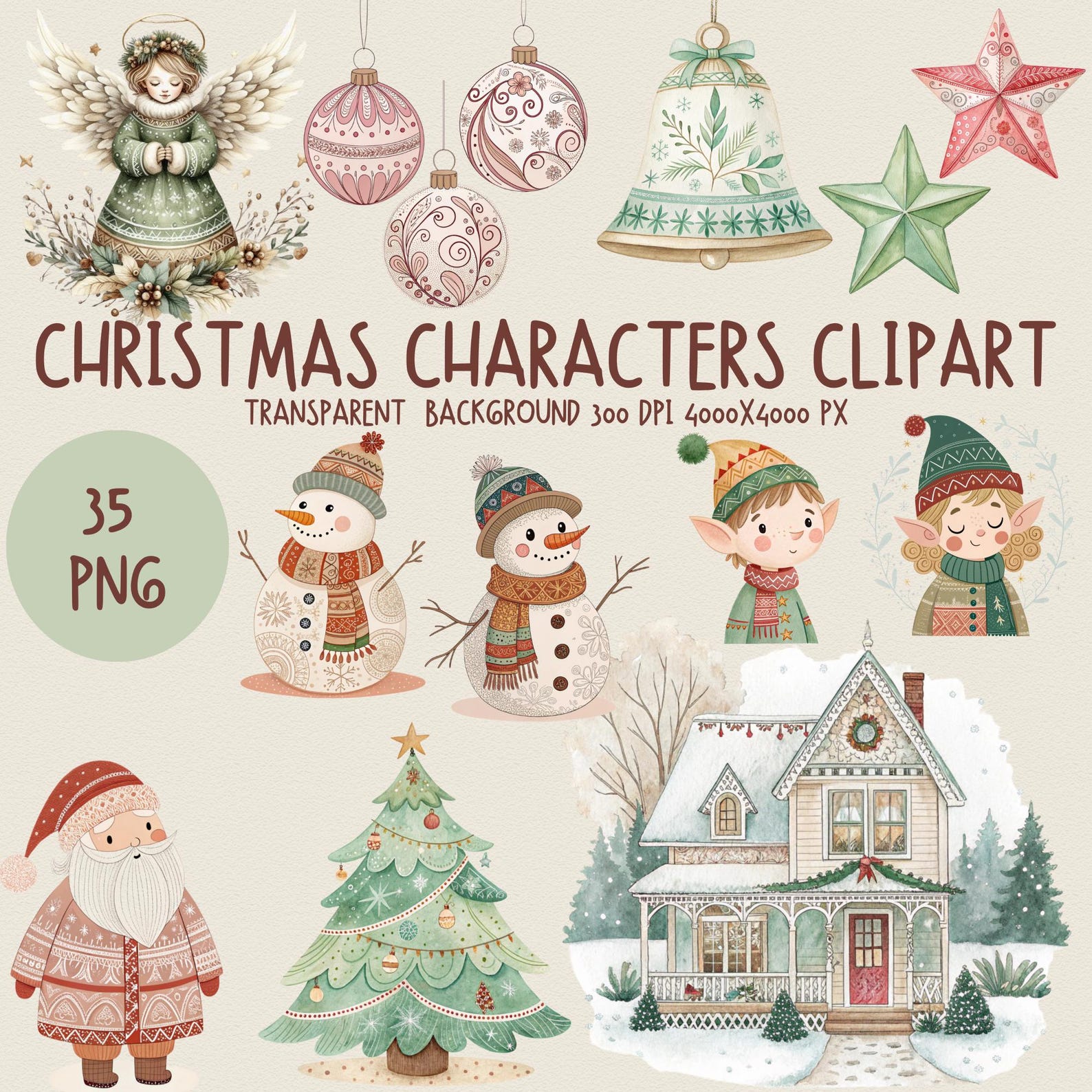 35 Cute Christmas Characters Clipart Boho Christmas Clip Art Bundle ...