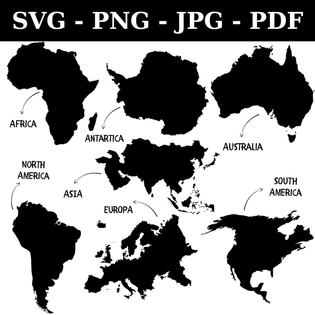 7 Continents Silhouette Clipart Bundle, World Map (svg, Png, Jpg, Pdf ...