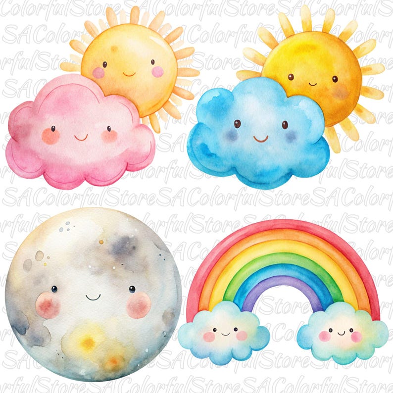 Pastel Watercolor Celestial Clipart, Rainbow, Sun, Moon (PNG) - Etsy