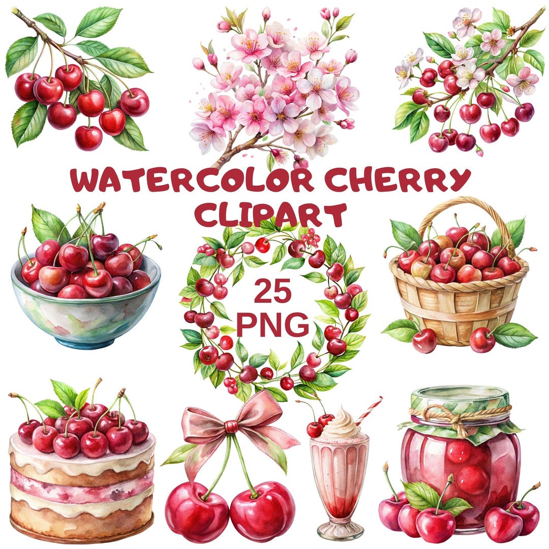 25 Watercolor Cherry Clipart Bundle, Cherry Blossom Png, Fruit Clipart ...