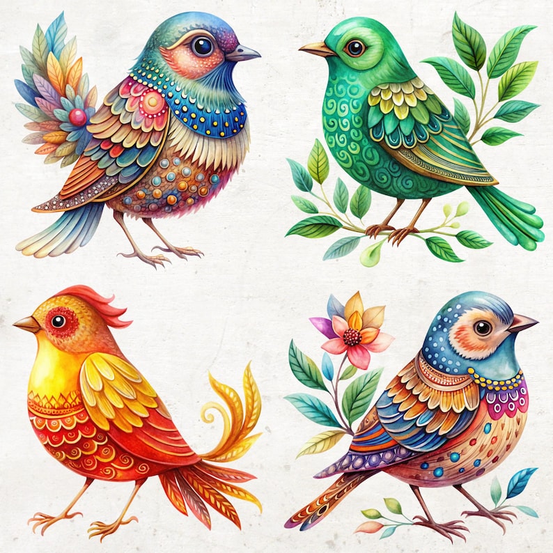 Watercolor Folk Art Birds Clipart: Scandinavian PNG Images (digital ...