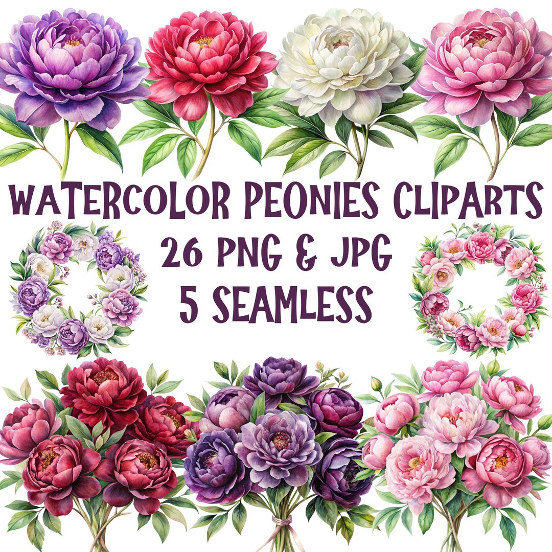 Watercolor Peonies Clipart Bundle: Boho Floral PNG & JPG (digital ...