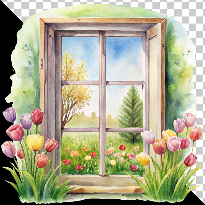 Watercolor Spring Window Clipart: Floral Landscape PNG Graphics ...