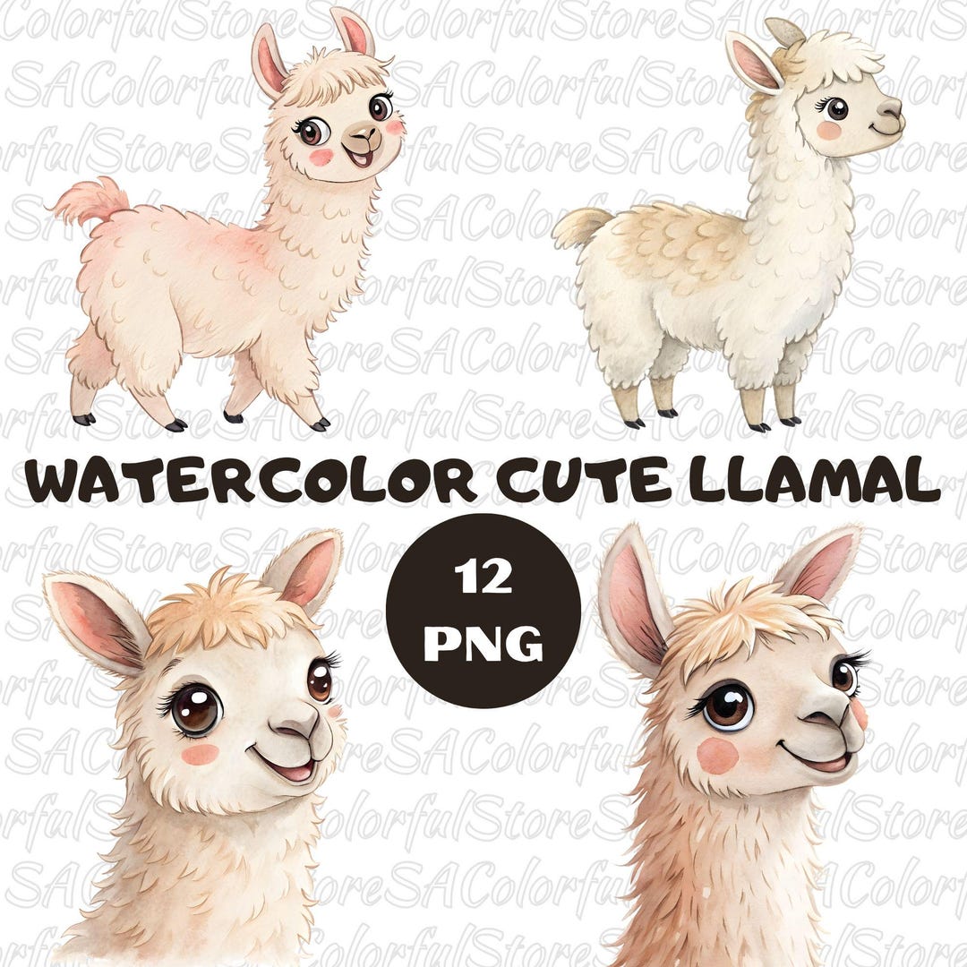 12 PNG Watercolor Cute Llama Clipart Bundle, Baby Llama Illustration ...