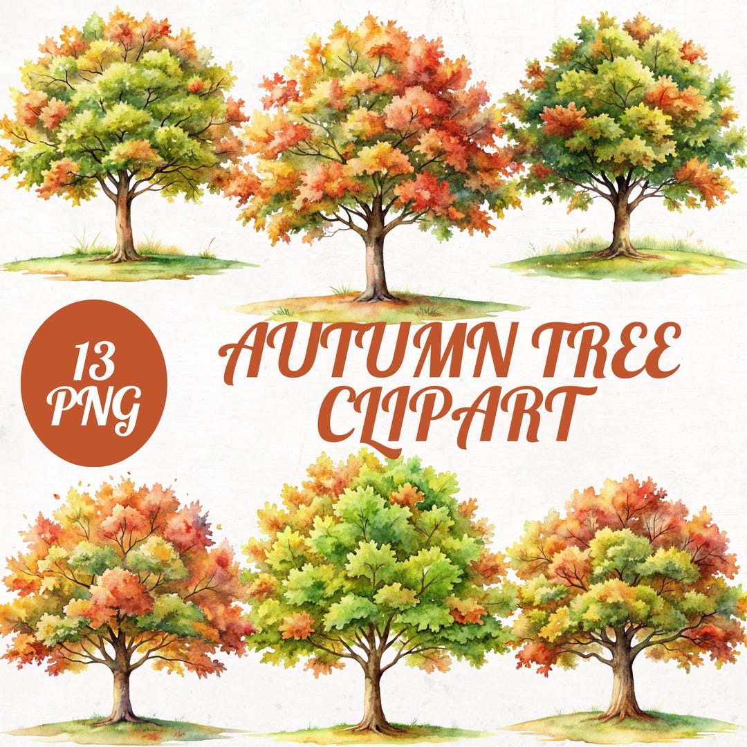 13 Watercolor Autumn Tree Png Bundle, Fall Tree Border, Autumn Graphics ...