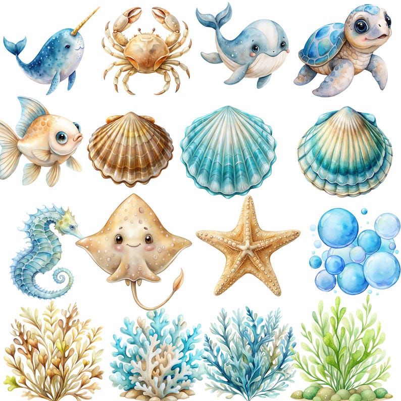 Watercolor Undersea Clipart: Ocean Animals, Nursery Decor (digital ...