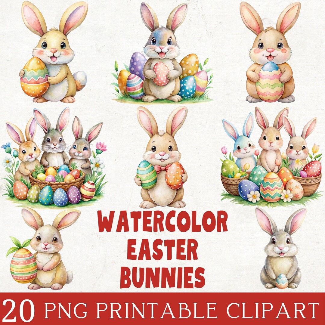 Watercolor Easter Bunny Clipart Bundle: Springtime PNG Graphics ...