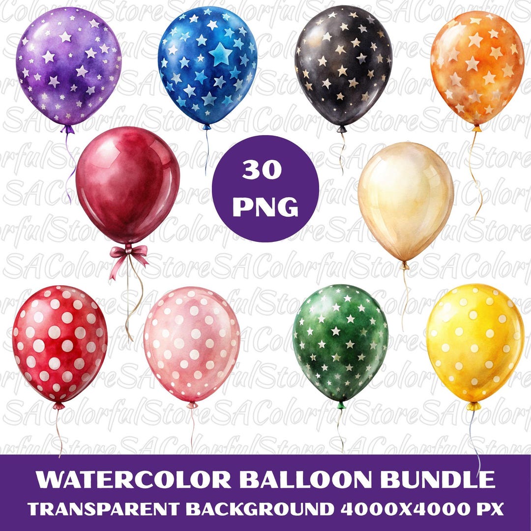 Watercolor Balloons Clipart PNG: Birthday Party Decorations (30 PNG ...