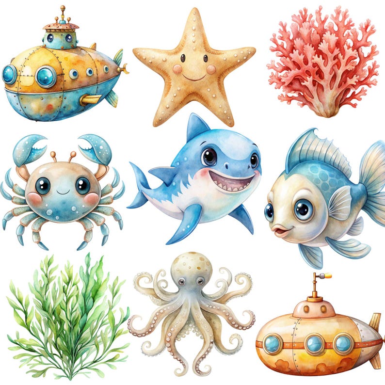Watercolor Undersea Clipart: Ocean Animals, Nursery Decor (digital ...