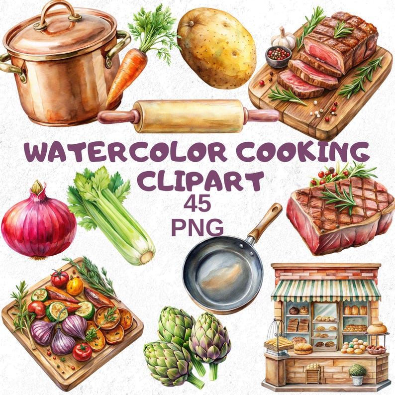 Watercolor Cooking Clipart Bundle: Kitchen Food Graphics (digital ...