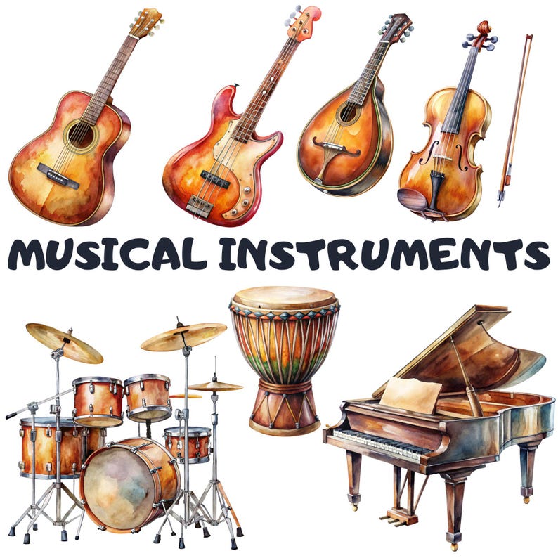Watercolor Musical Instruments Clipart Bundle: 32 PNG Illustrations ...