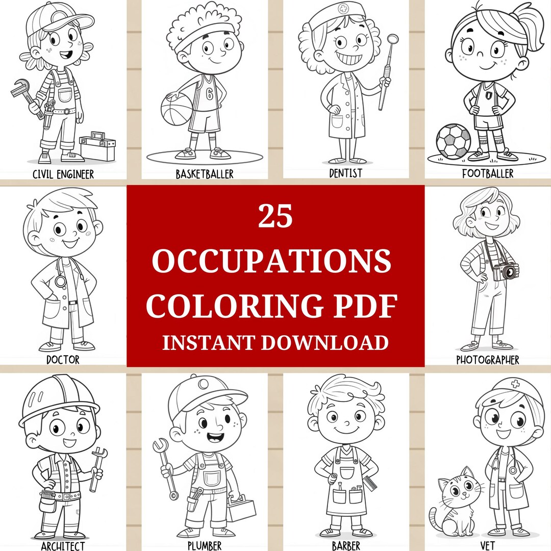 Occupations Coloring Sheet 25 Cute Illustrations Printable Instant ...