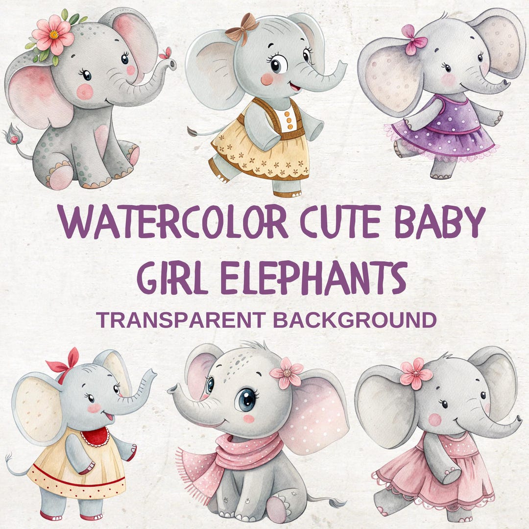 12 Cute Baby Girl Elephants Clipart Girl Elephant Watercolor Clipart ...