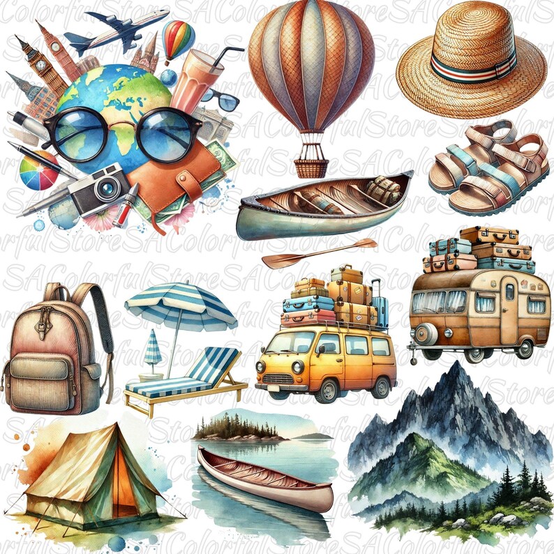 Watercolor Travel Clipart: Vacation Graphics, Landmarks, Luggage (PNG ...