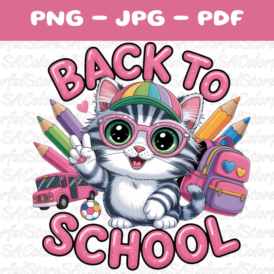 Back to School Cat Clipart: Kawaii Animal PNG, JPG, PDF Bundle - Etsy