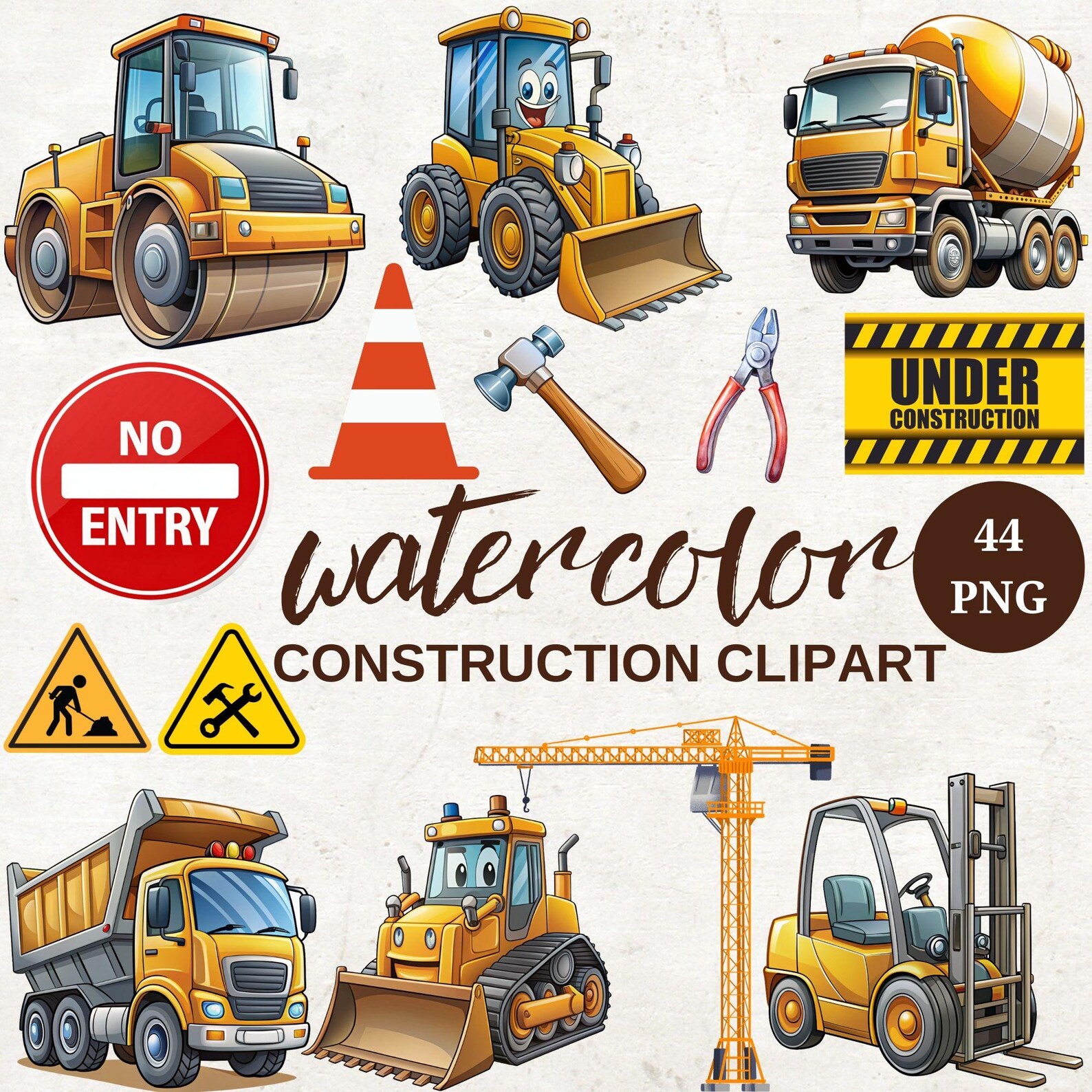 Watercolor Construction Clipart: Trucks, Excavators, Cranes (PNG ...