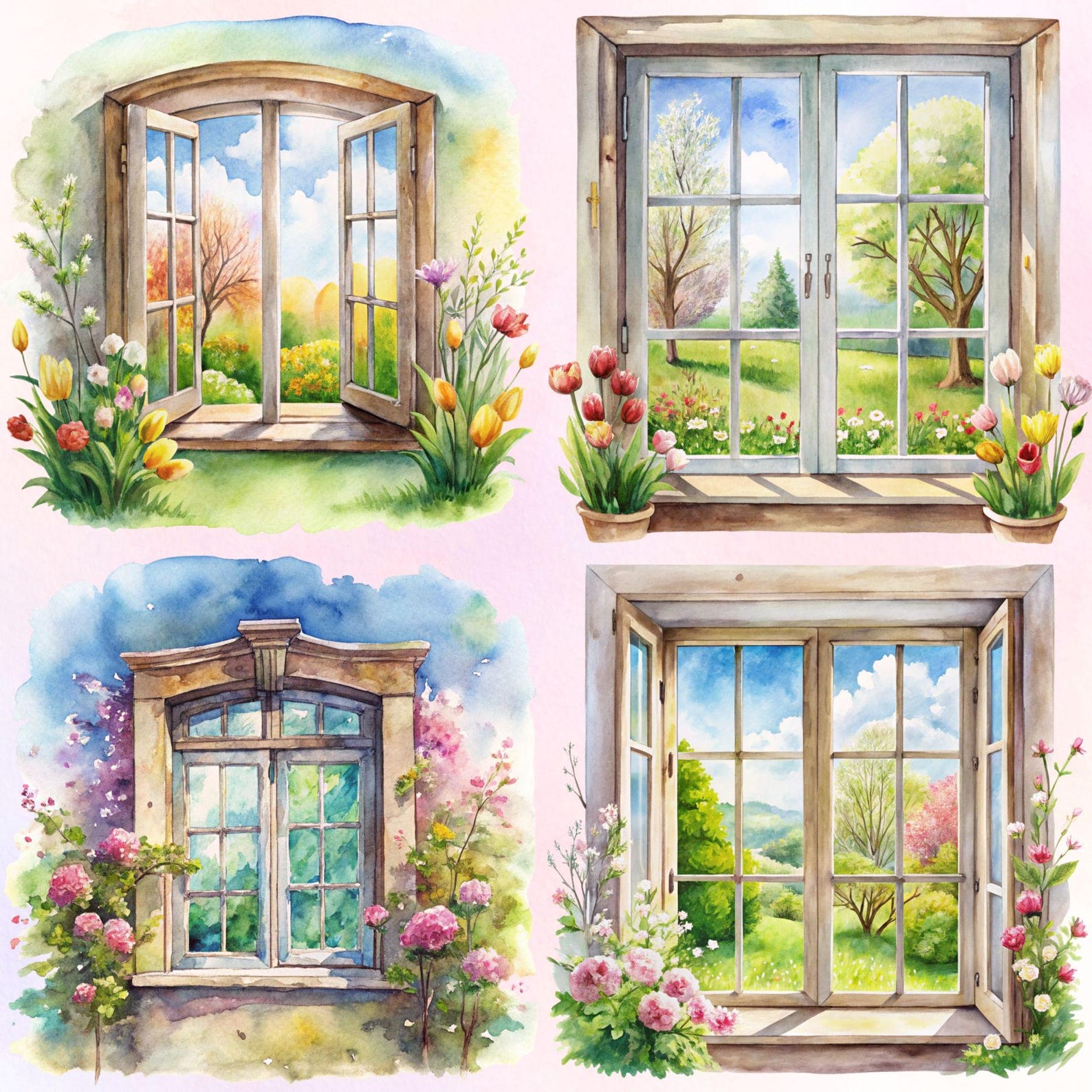 Watercolor Spring Window Clipart: Floral Landscape PNG Graphics ...