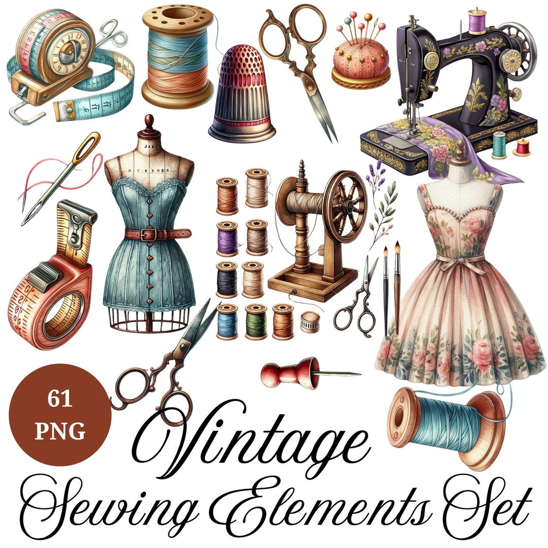 Watercolor Vintage Sewing Clipart Bundle: 61 PNG Designs (digital ...