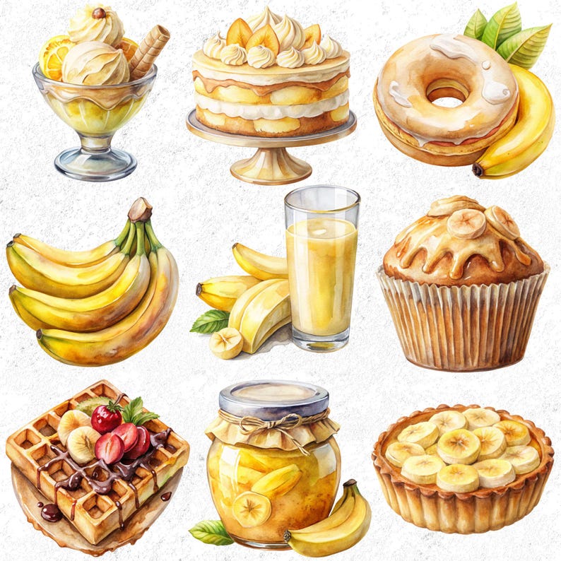 28 Watercolor Banana Clipart Bundle, Cute Food Graphics in PNG, Digital ...