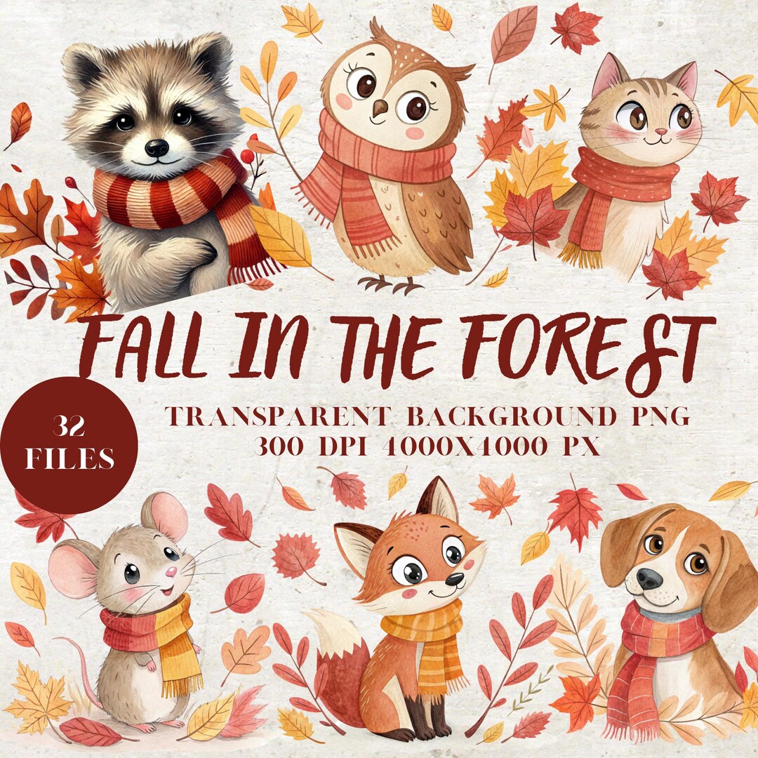 Fall Woodland Animal Clipart: Autumn Forest Nursery Decor (PNG Digital ...
