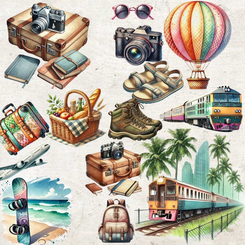 68 Watercolor Travel Clipart Vacation Elements, Luggages Plane Air ...