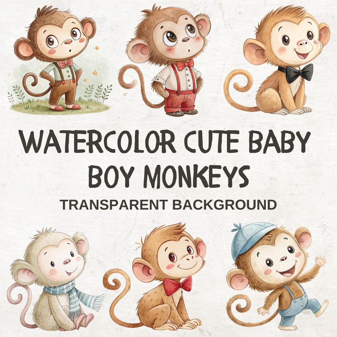 12 Cute Baby Boy Monkey Clipart Boy Monkey Watercolor Clipart ...