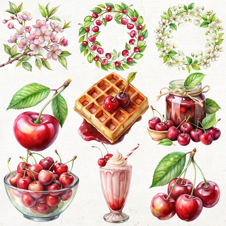Watercolor Cherry Clipart Bundle: Blossom, Fruit, Floral (PNG Digital ...