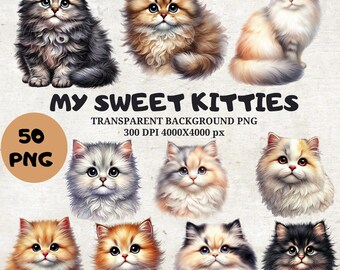 Happy Cats Clipart, My Sweet Cats Clipart Bundle, Cute Cat PNG, Kitten ...