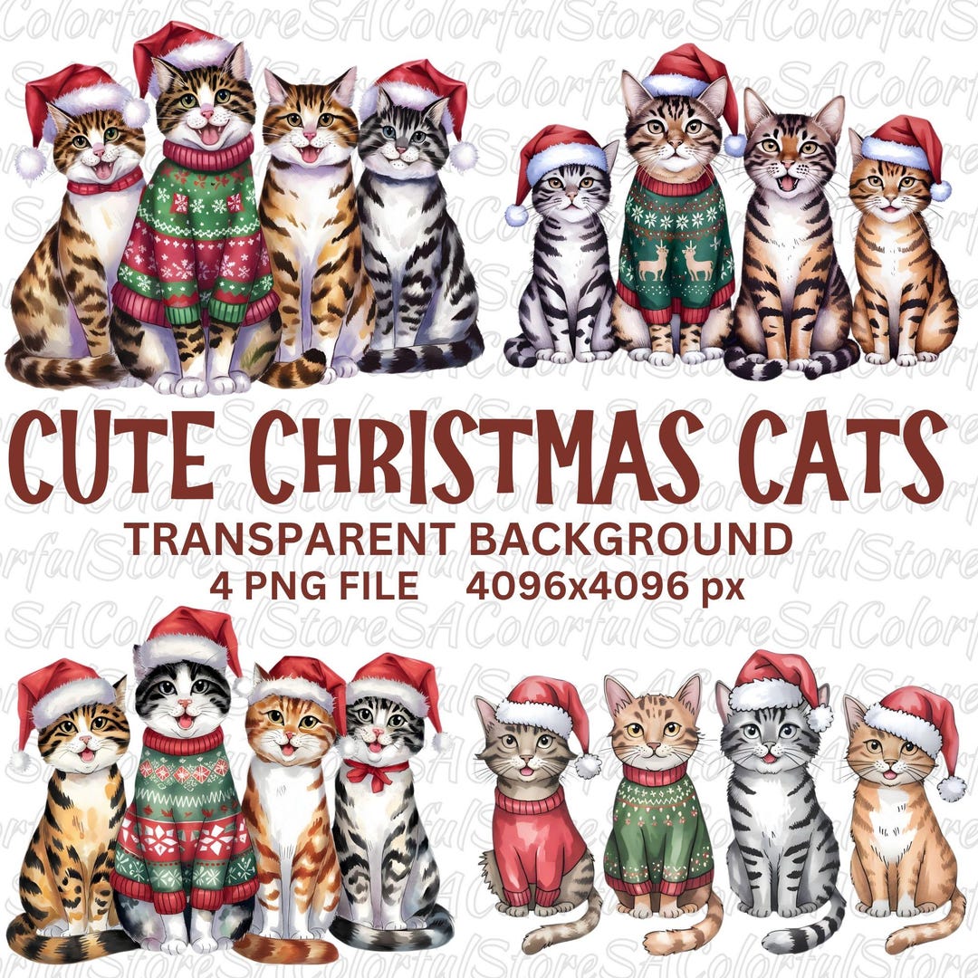 Watercolor Christmas Cat PNG Clipart: Festive Holiday Designs (digital ...