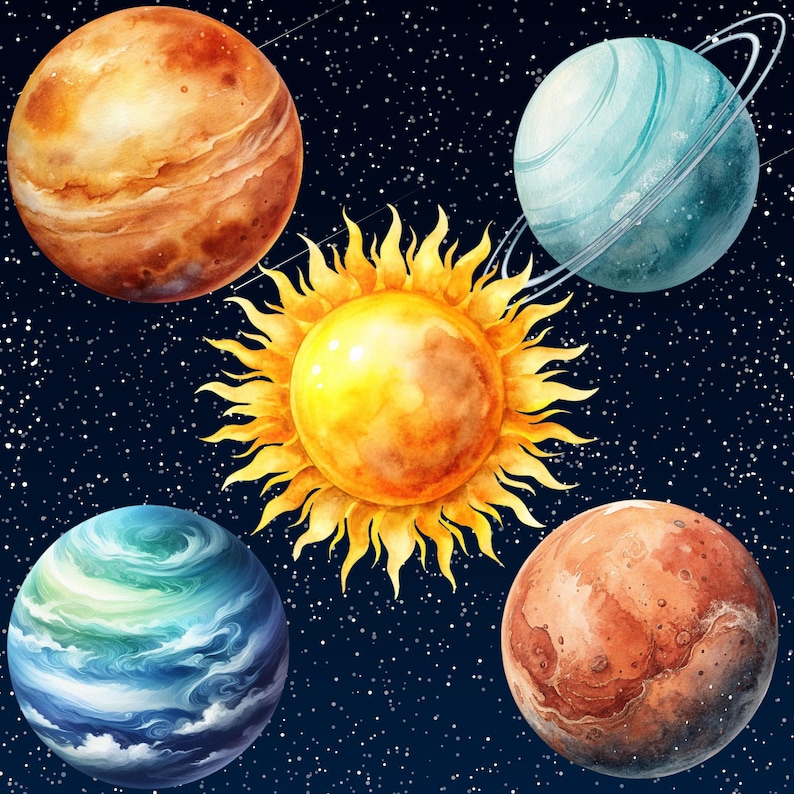 Watercolor Solar System Clipart: Planets PNG Bundle (digital Download ...