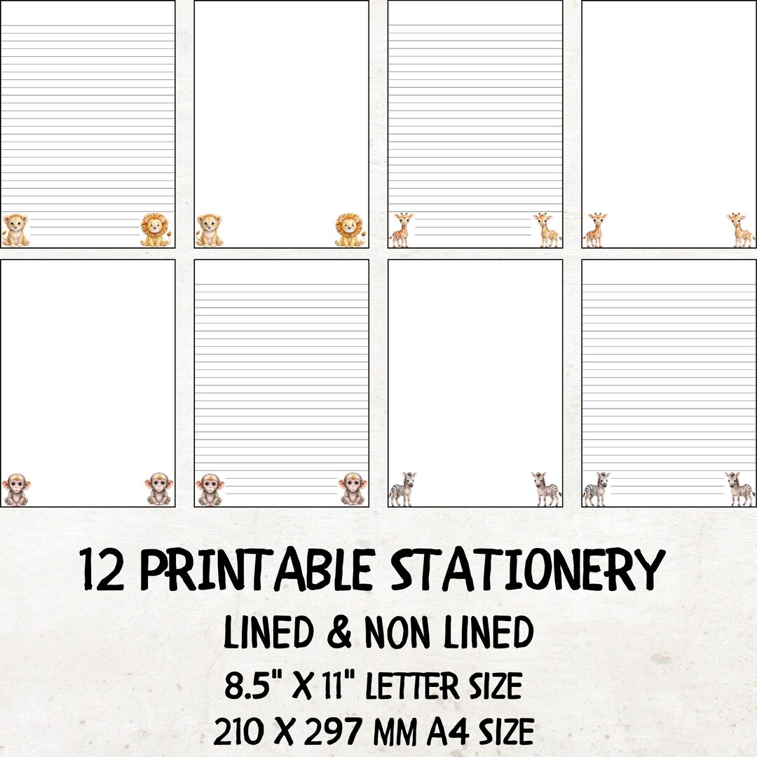 12 Safari Animals Printable Stationery, Goodnotes Template, Printable ...