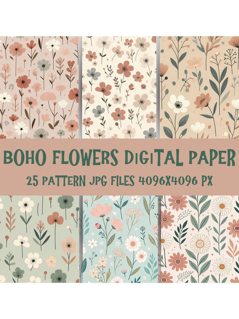 Boho Floral Digital Paper: Spring Flower Patterns (JPG Printable) - Etsy