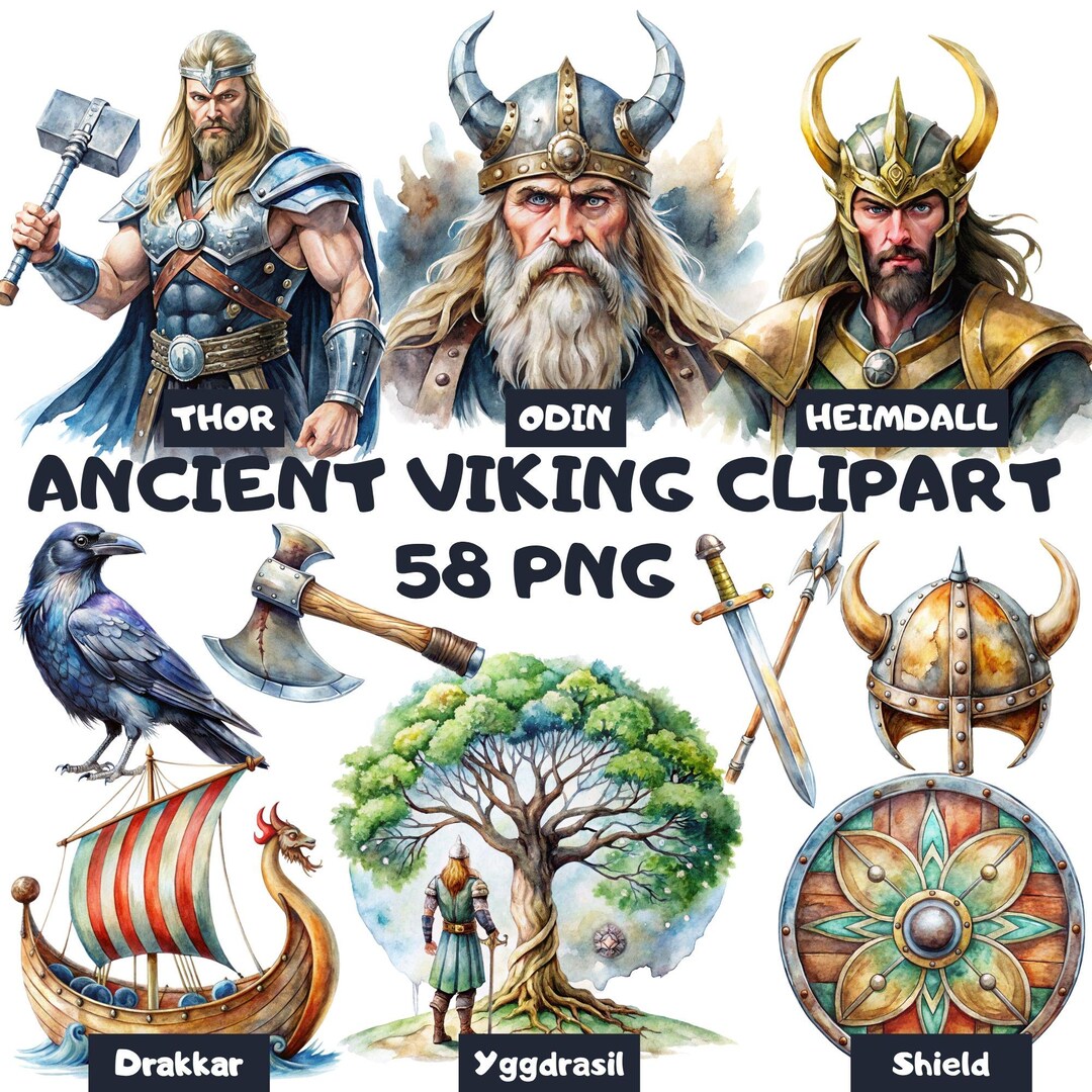 Watercolor Viking Clipart Bundle: Norse Gods, Warriors, and Drakkar ...