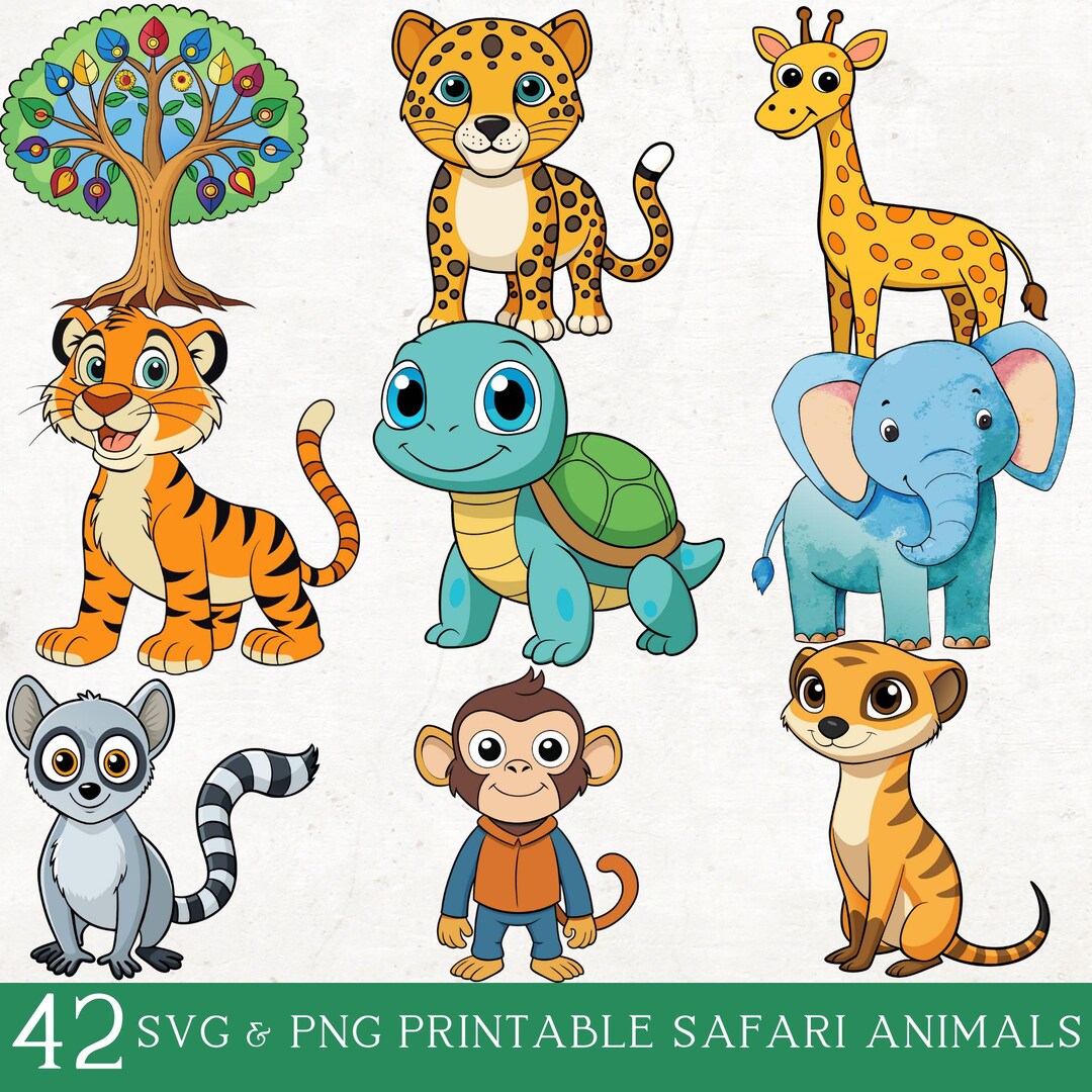 Watercolor Safari Animals SVG & PNG Bundle Cute African Jungle Animal ...