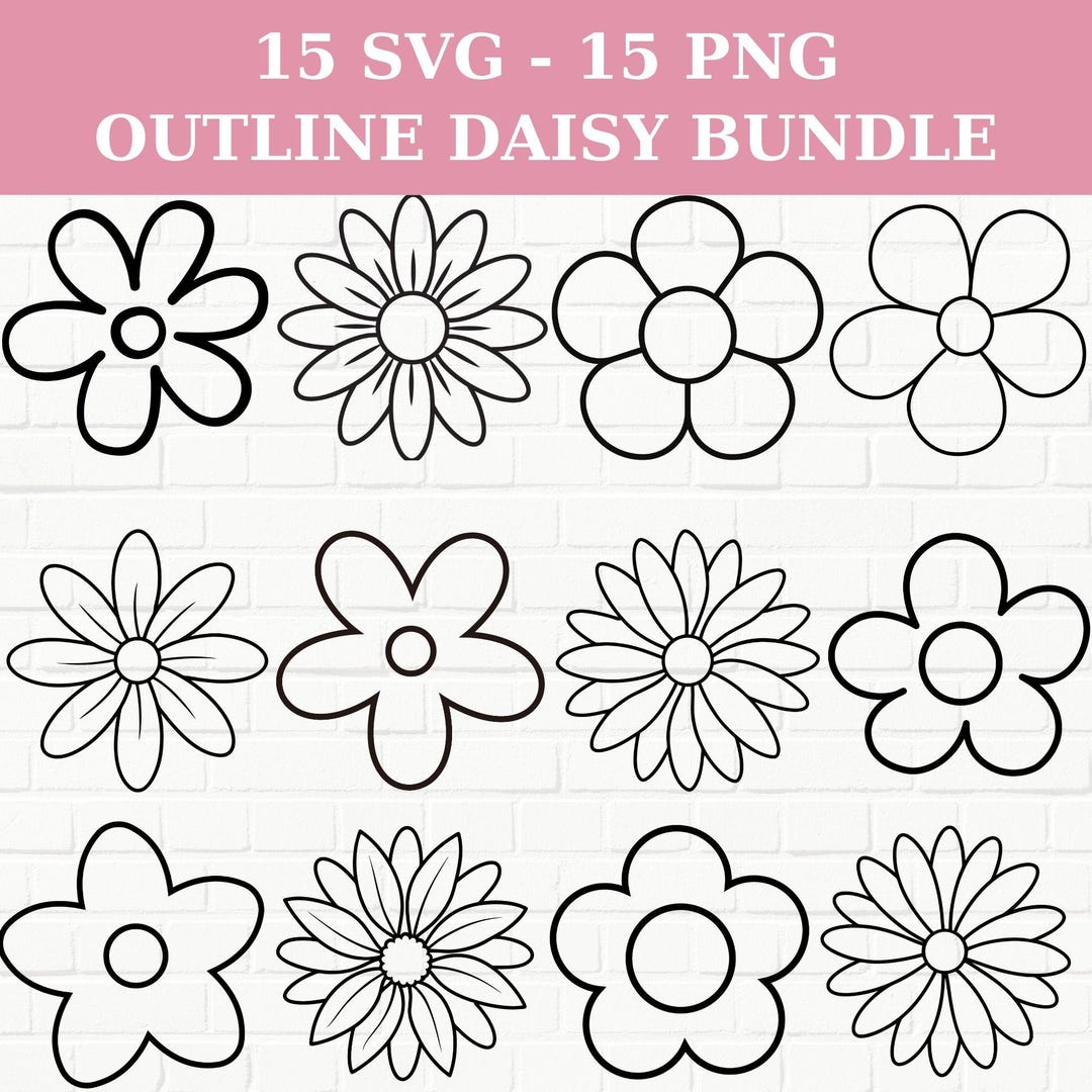 Daisy Outline SVG Bundle: Flower Line Art Clipart (15 SVG & PNG Files ...