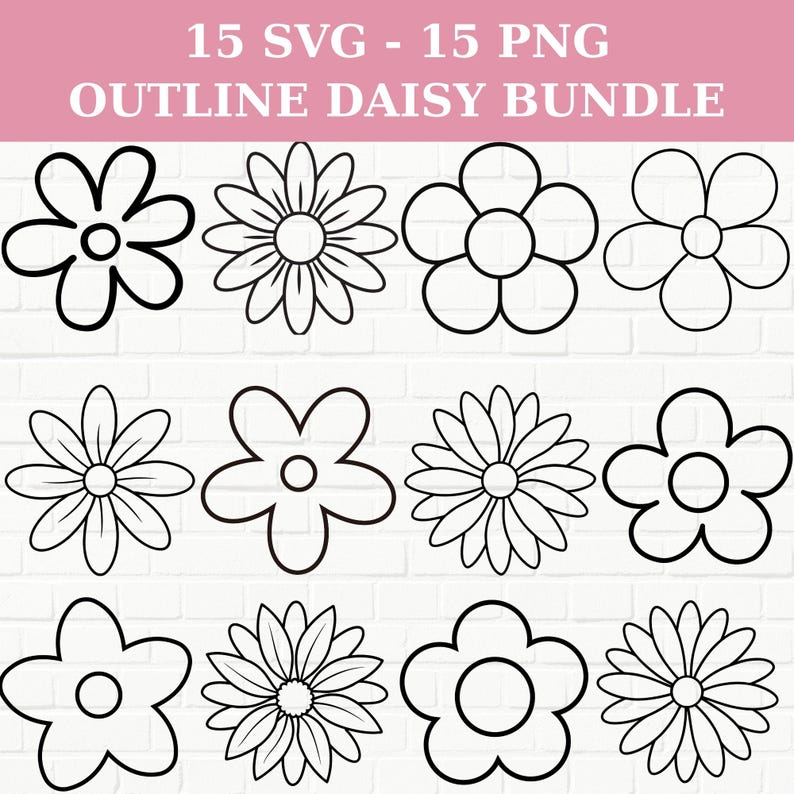 Daisy Outline SVG Bundle: Flower Line Art Clipart (15 SVG & PNG Files ...