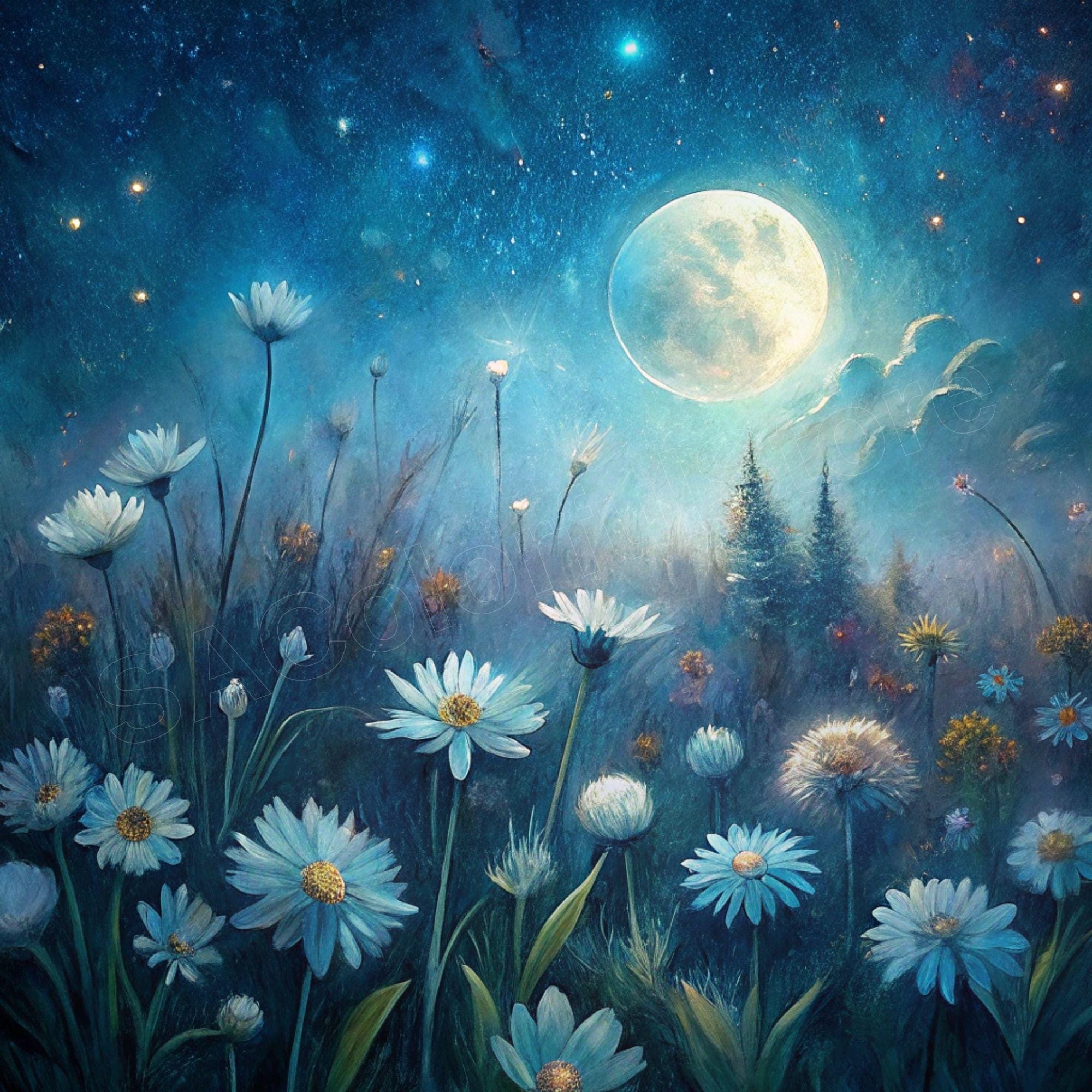 Watercolor Moon Landscape Clipart: Starry Night & Wildflower Fields ...