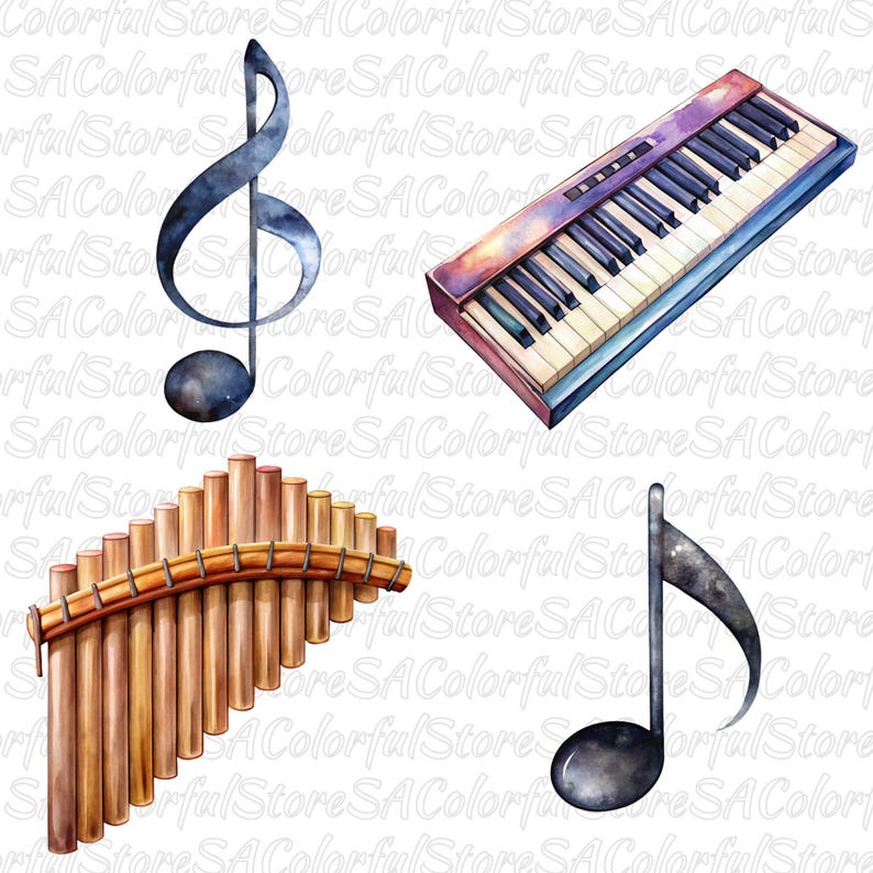 Watercolor Musical Instruments Clipart Bundle: 32 PNG Illustrations ...