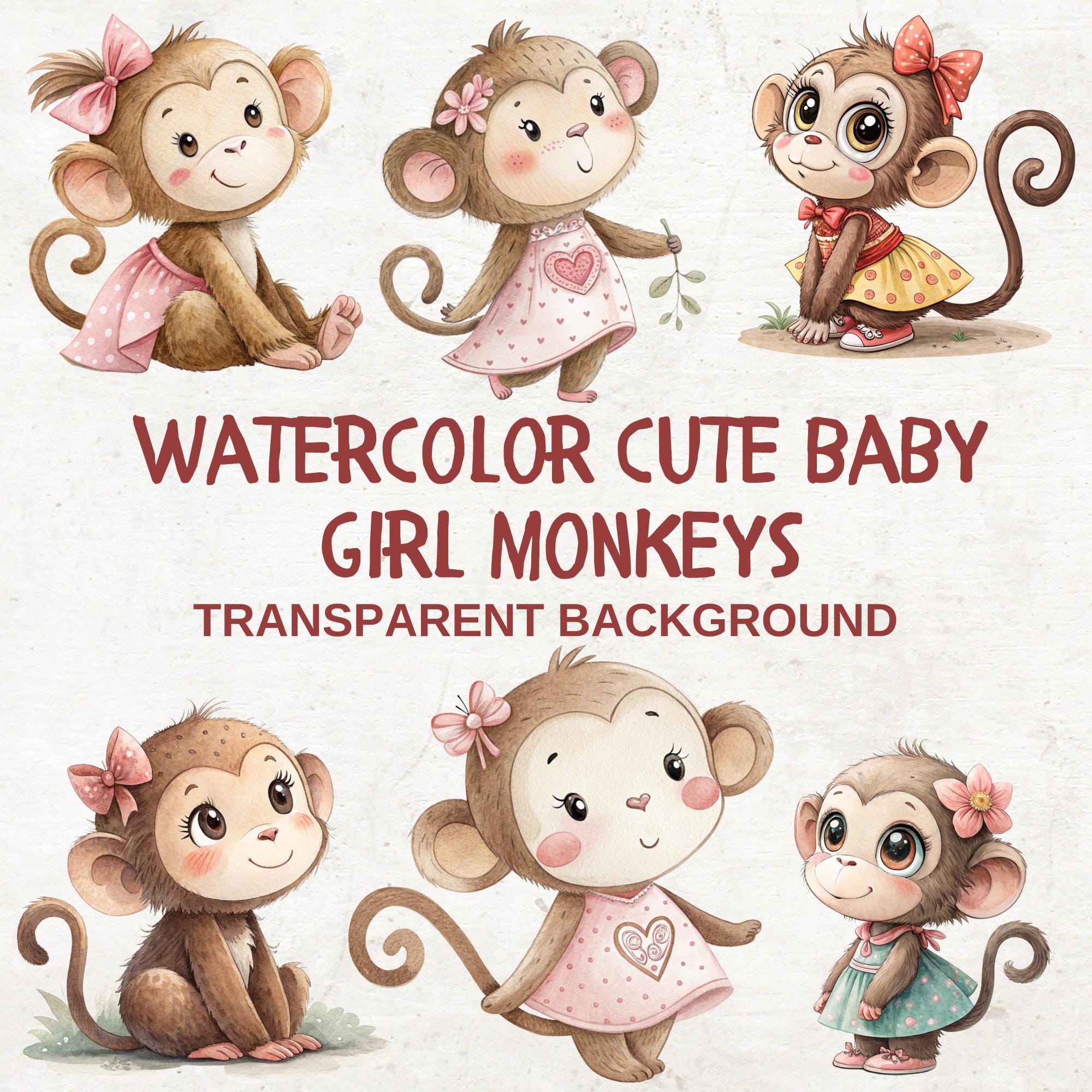 12 Baby Girl Monkey Watercolor Clipart Bundle: Nursery Art (PNG Files ...