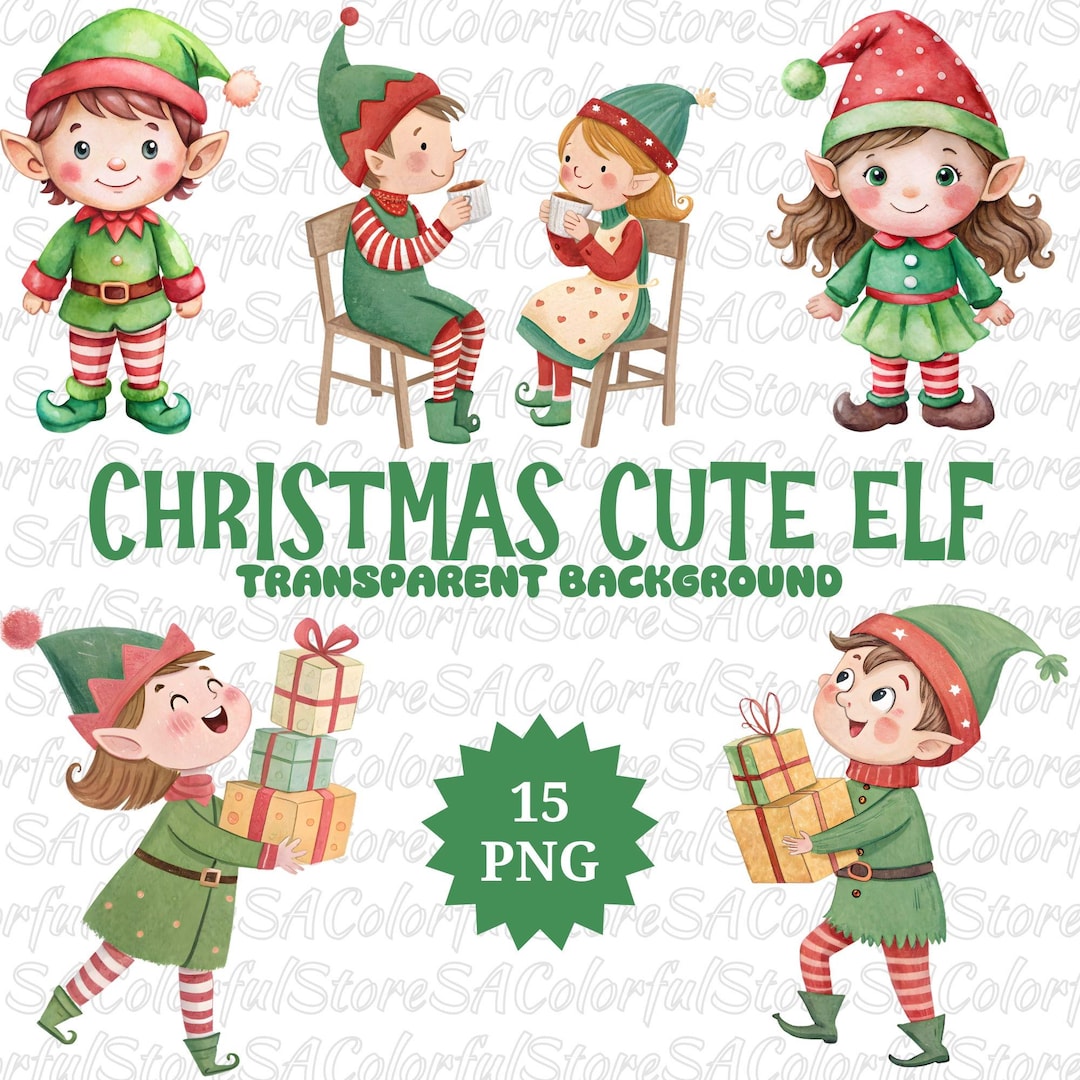 Cute Christmas Elf Clipart Bundle, Holiday Kids Illustration (PNG ...