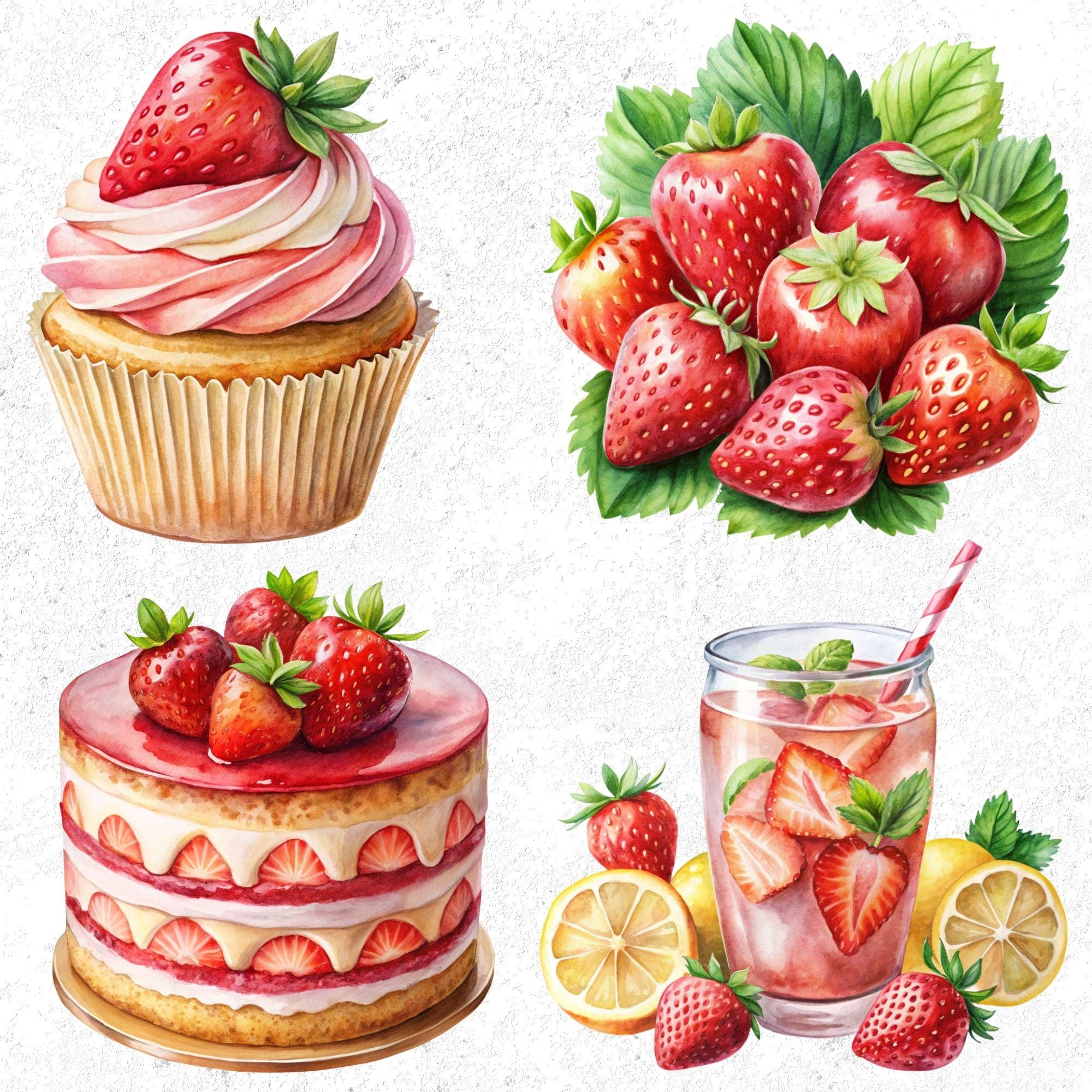 Watercolor Strawberry Clipart: 32 PNG Food Illustrations (digital ...