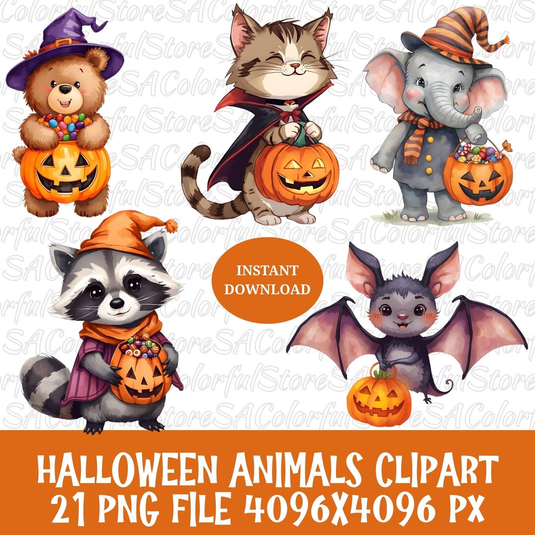 Halloween Animal Clipart Bundle, Spooky Kawaii PNG Graphics (commercial ...