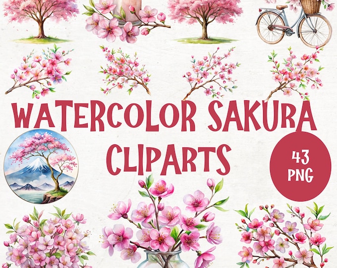 Cherry Blossom Clipart, Watercolor Sakura Flower Clip Art, Pink Floral ...