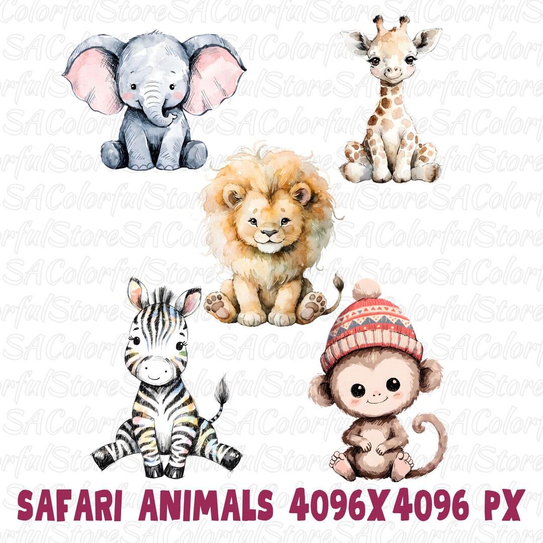 Safari Animals PNG Bundle, Baby Jungle Animals Clipart, Nursery Decor ...