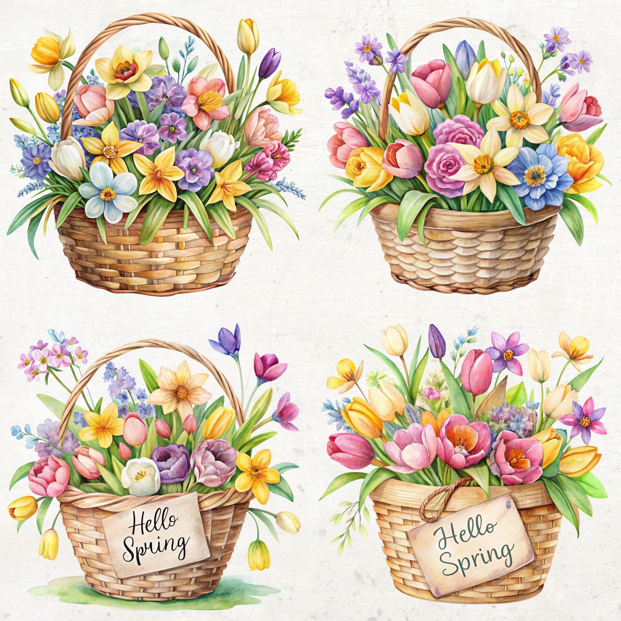 Watercolor Spring Flowers Clipart PNG: Easter Basket Floral Graphics - Etsy