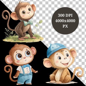 12 Baby Monkey Watercolor Clipart Bundle: Nursery Art Digital Download ...