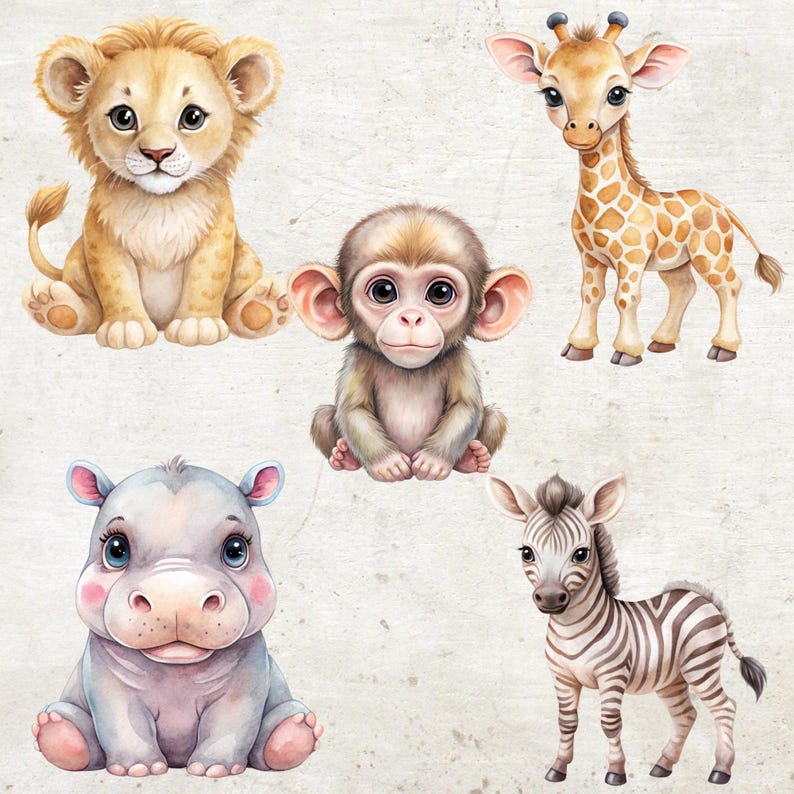 10 Watercolor Safari Animals Clipart: Jungle Nursery Art (PNG, Digital ...